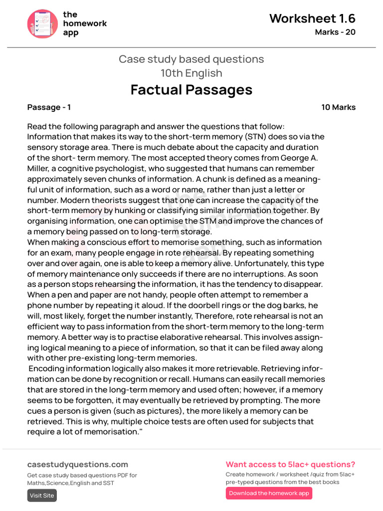 (Worksheet 1.6) - (Factual Passages) | PDF | Memory | Long Term Memory