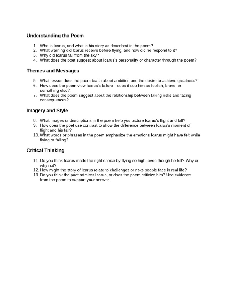Icarus by Wendy Shaffer Comprehension Questions | PDF