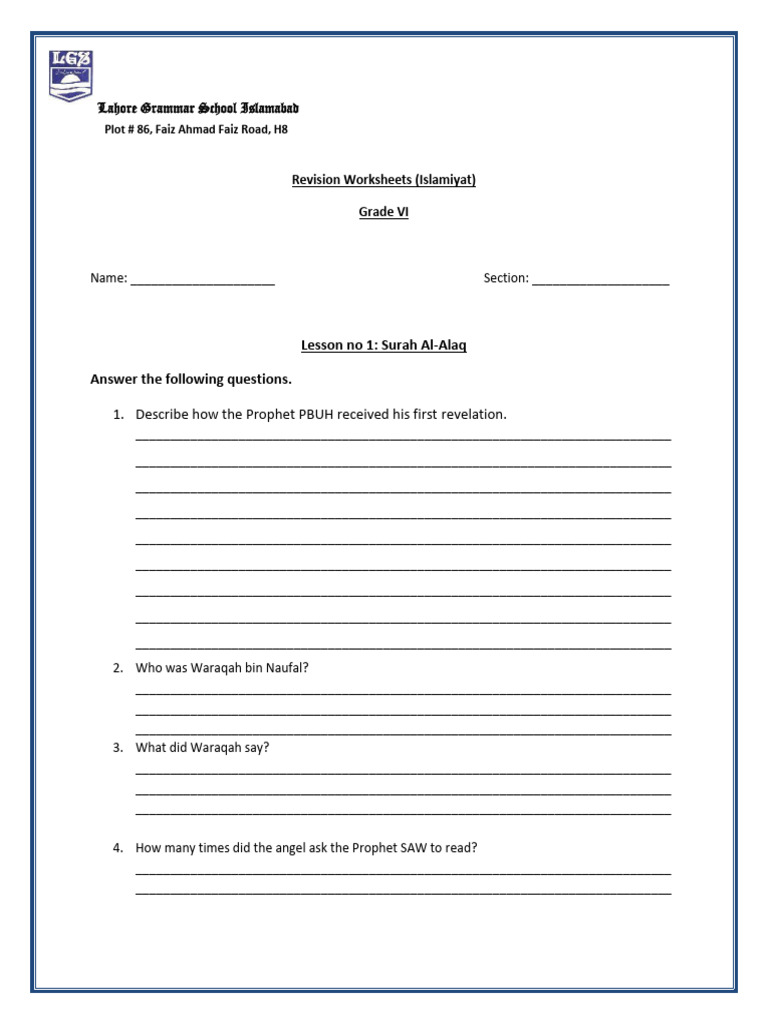 Revision Worksheets Islamiyat Grade VI | PDF | Quran | Islam