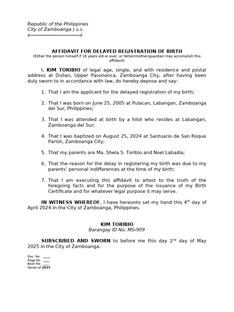 Affidavit of Delayed - Toribio | PDF