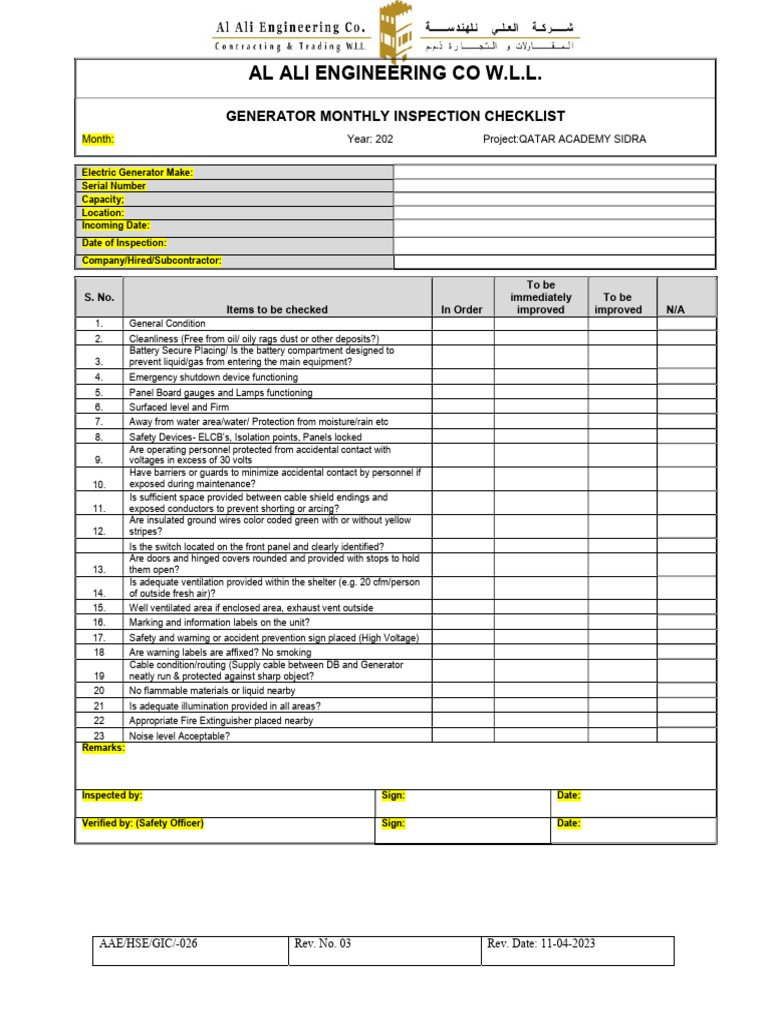 AE HSE FM 052 Generator Inspection Checklist | PDF | Electrical ...