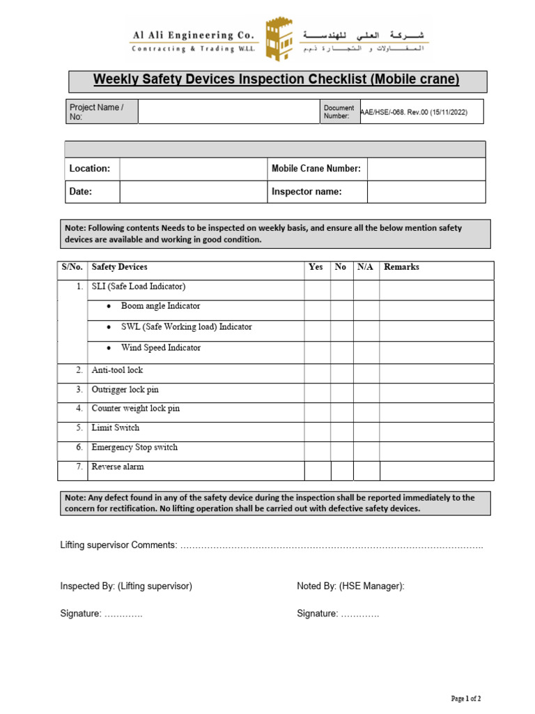 AE-HSE-FM-056 - Lifting Safety Devices Checklist | PDF