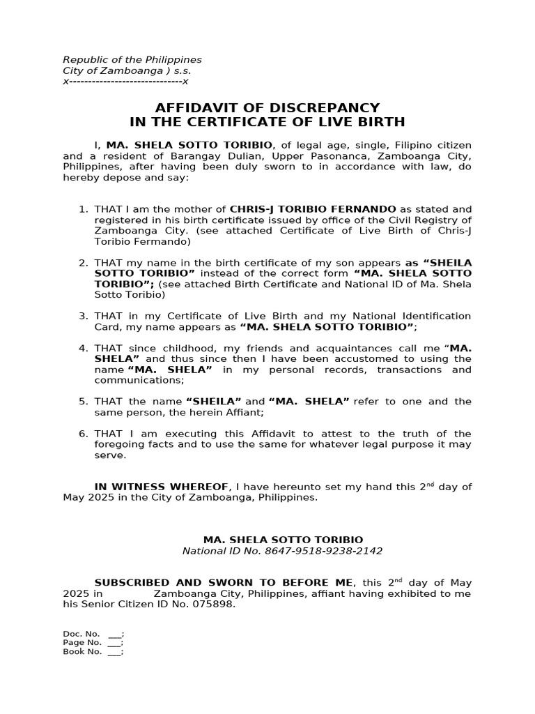 Affidavit of Delayed - Ma Shela Toribio | PDF