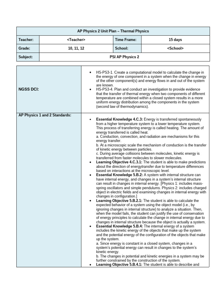 AP Physics 2 Thermal Physics Unit Plan | PDF | Heat | Temperature
