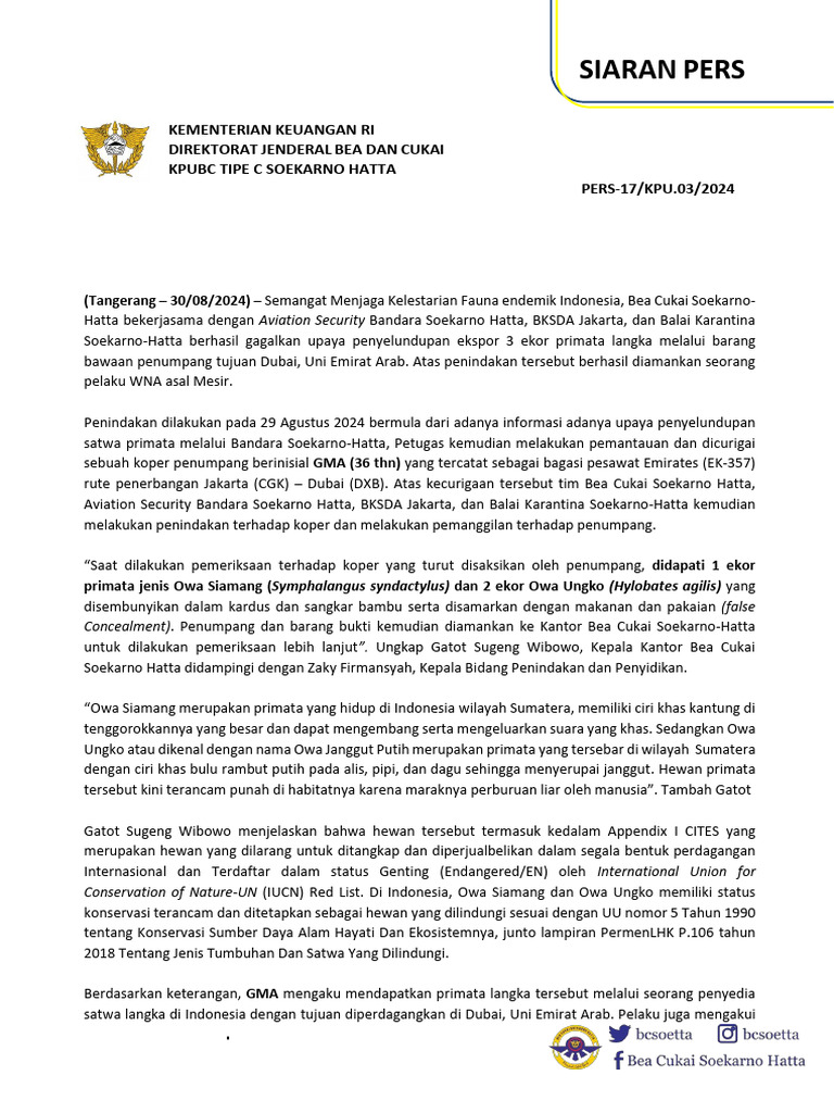 Pers Rilis 17 - Siamang dan Owa Ungko | PDF