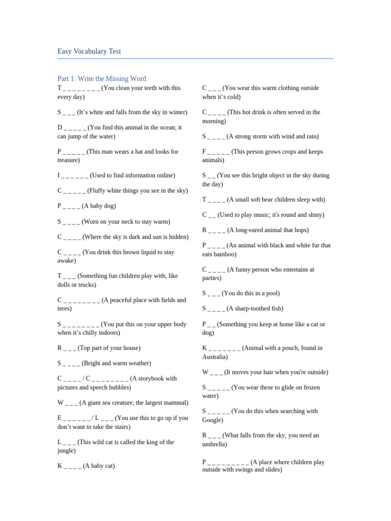 Vocabulary Test for Kids: Fill in the Blanks | PDF