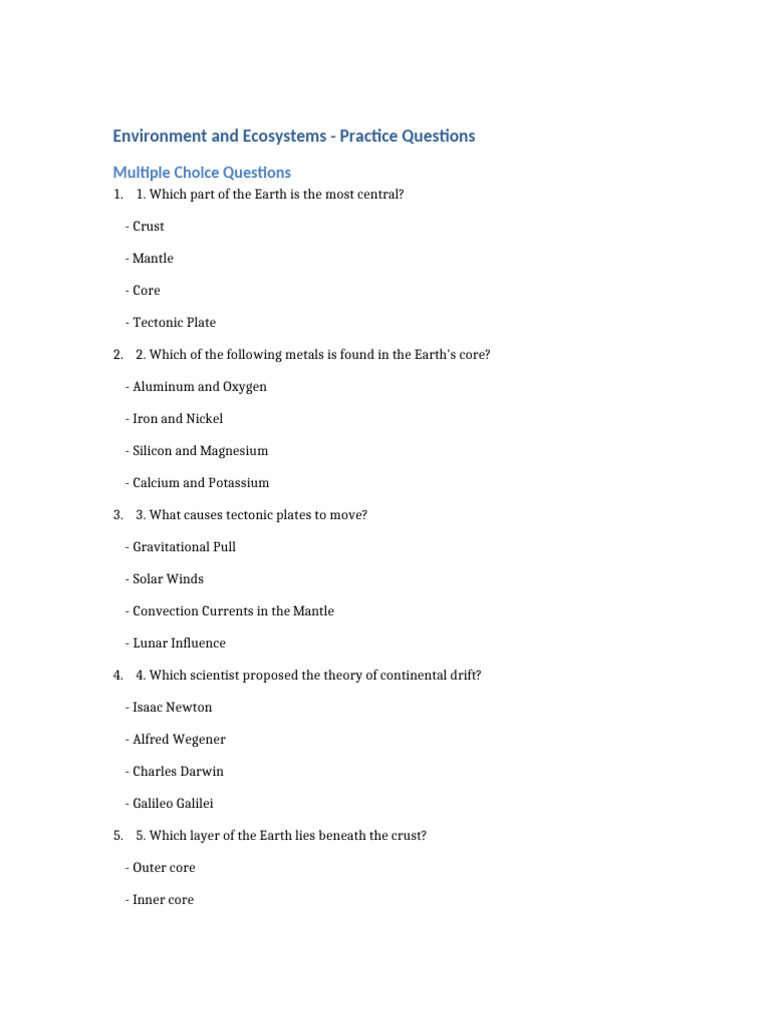 Environment Ecosystems Questions | PDF | Plate Tectonics | Earth