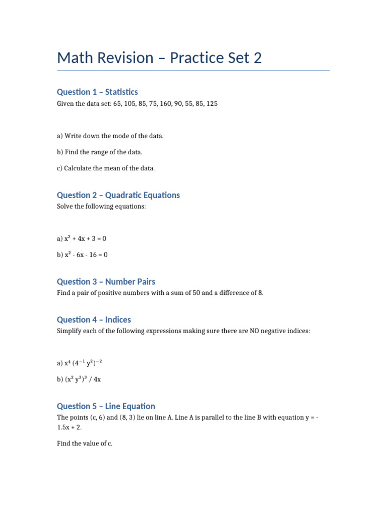 Math Revision Practice Set 2 Solutions | PDF