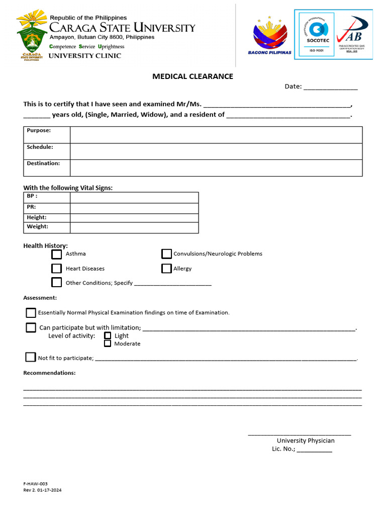 Medical Clearance Certificate Template | PDF