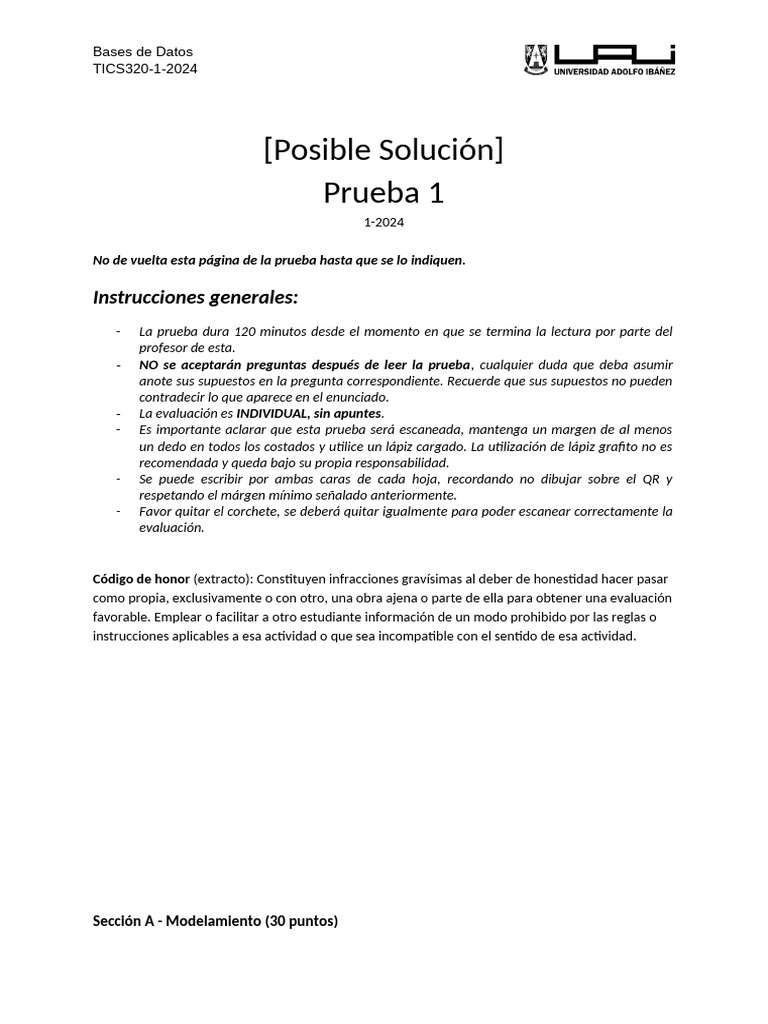 (Solución) Prueba 1 - TICS320 - 1 - 2024 | PDF | Bases de datos | SQL