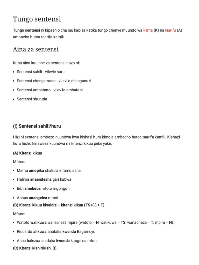 Tungo Sentensi - Wikipedia, Kamusi Elezo Huru | PDF