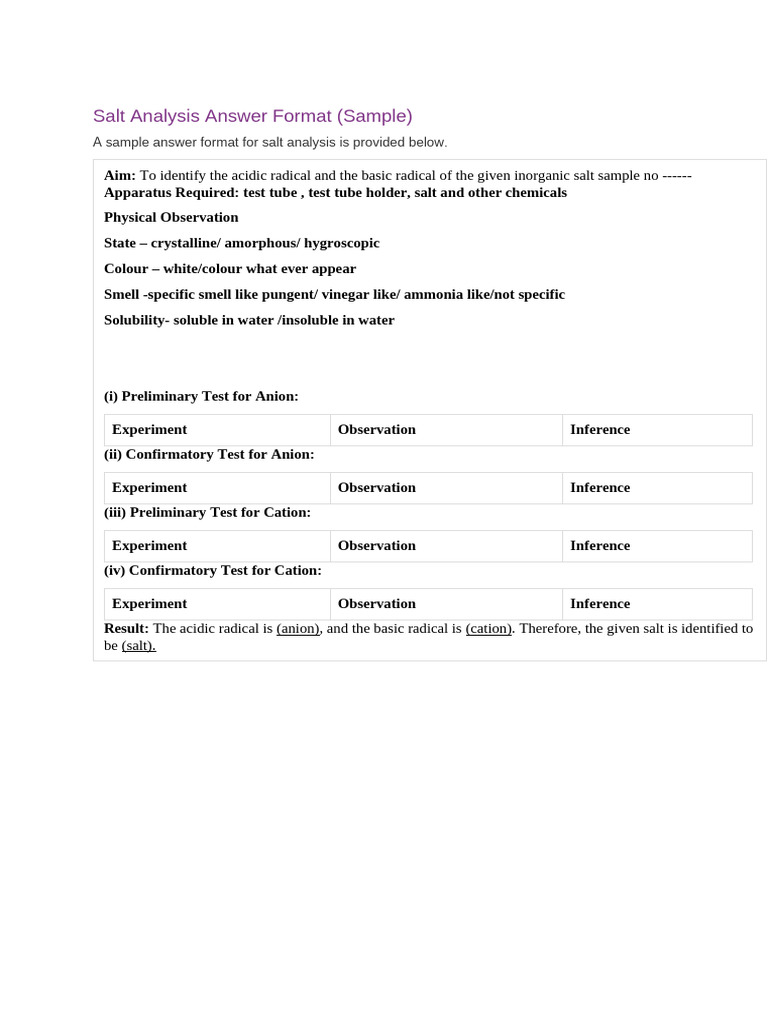 Salt Analysis Answer Format Guide | PDF