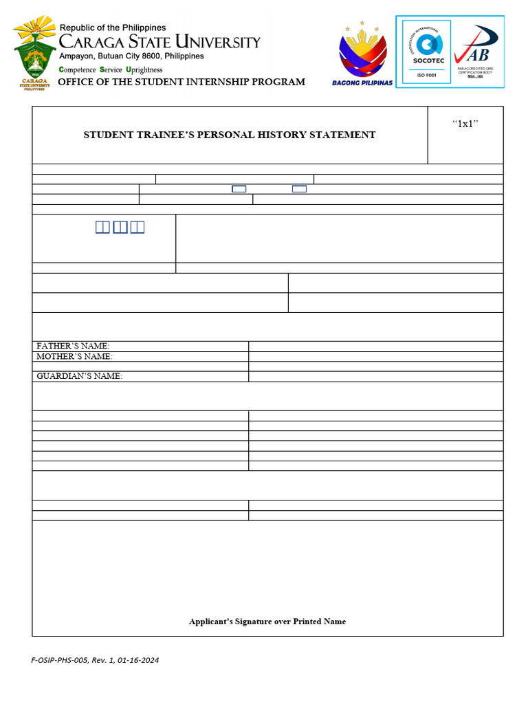 STUDENT TRAINEES PERSONAL HISTORY STATEMENT F OSIP PHS 005 Rev.1 | PDF