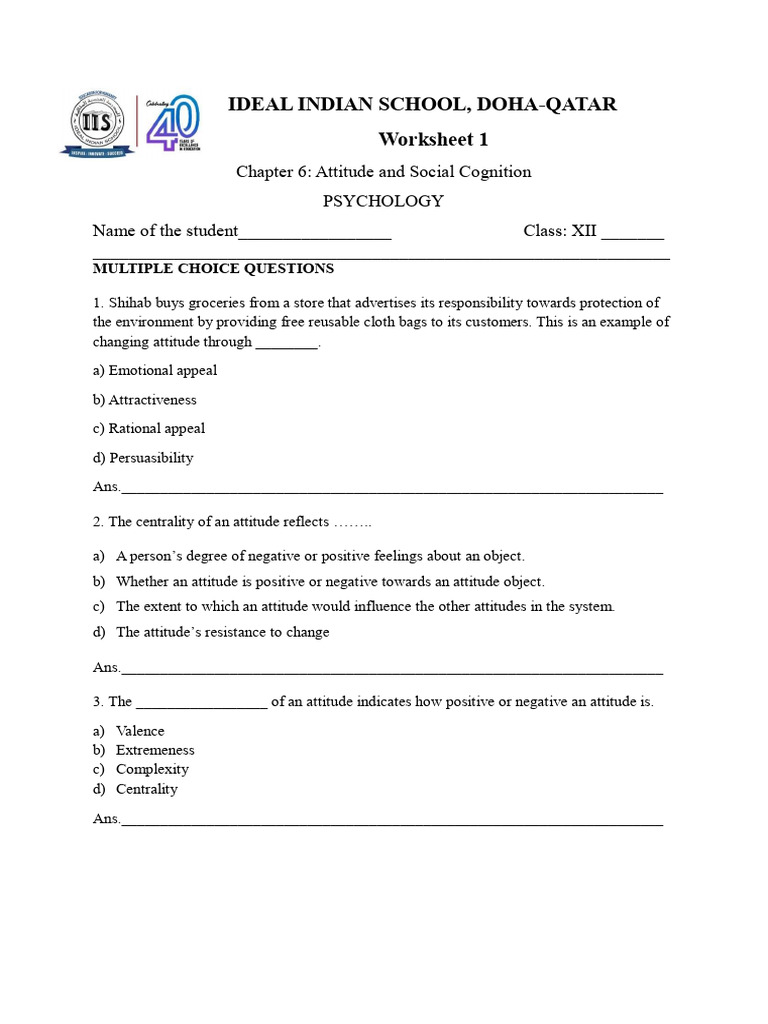 PSY XII Chap.6 Worksheet 1 R | PDF | Attitude (Psychology) | Behavior