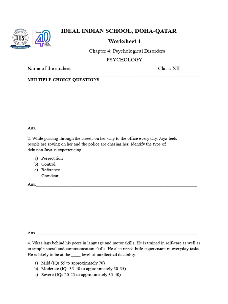 PSY XII Chap.4 Worksheet 1 | PDF | Mental Disorder | Dissociation ...