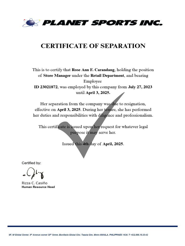 Certificate of Separation: Rose Ann F. Carandang Store Manager Retail Department ID 23021872 ...