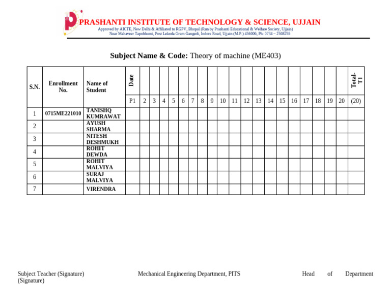 Attendance Sheet (Practical) | PDF