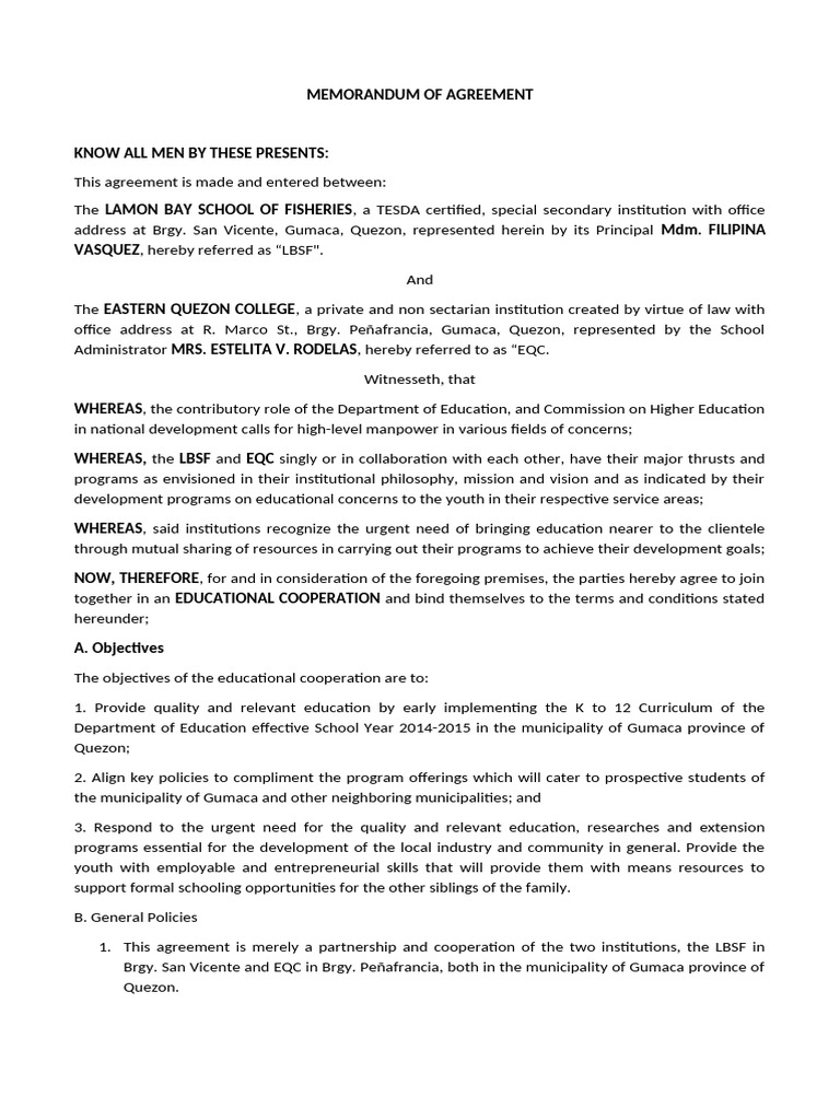 Memorandum of Agreement | PDF | Teachers