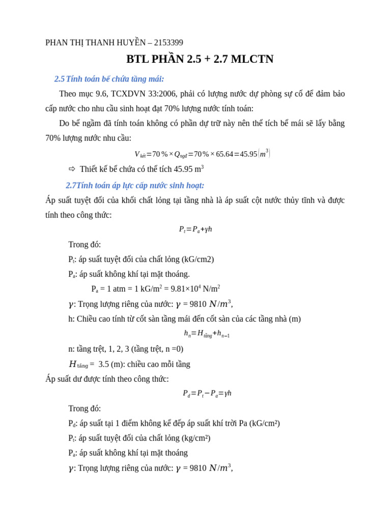 Btl Phần 2.5 + 2.7 Mlctn: 2.5 Tính toán bể chứa tầng mái | PDF