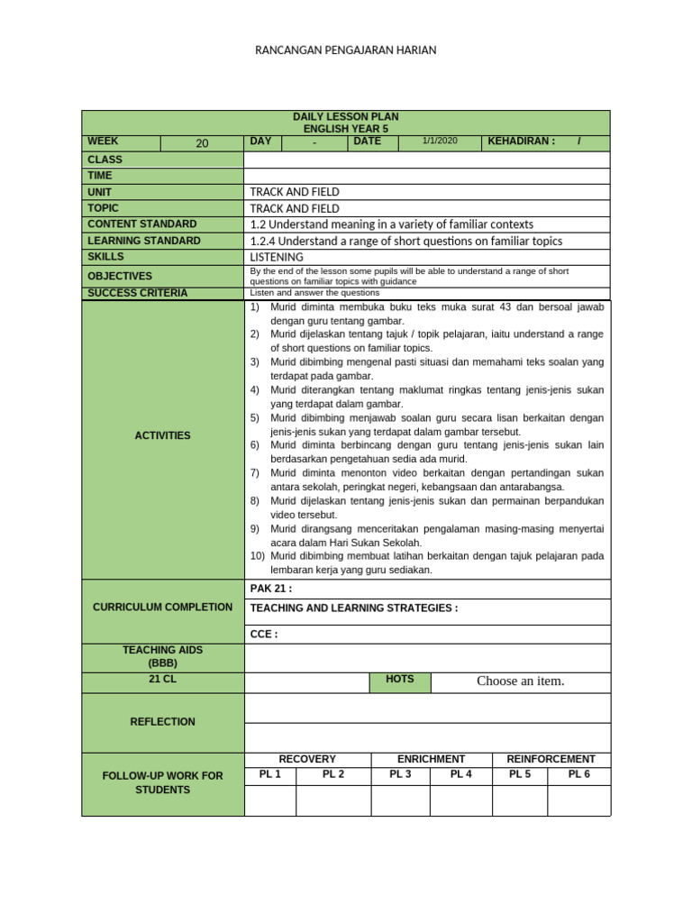 RPH English Tahun 5 Unit 7 Track and Field | PDF