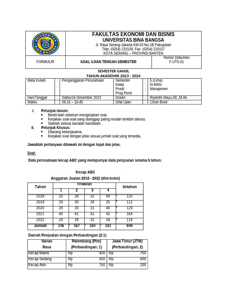 Soal UTS MK - Penganggaran Perusahaan 2023 - 2024 (5I-MAN) | PDF