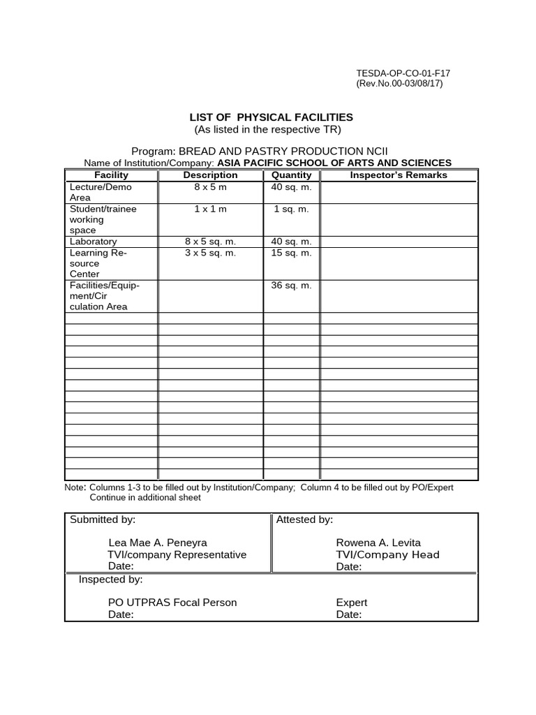 Bpp-Tesda-Op-Co-01-F17 - List of Physical Facilities | PDF