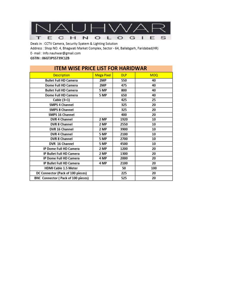 Distributor Price List Revised - Nauhwar Camera 2021-1 | PDF