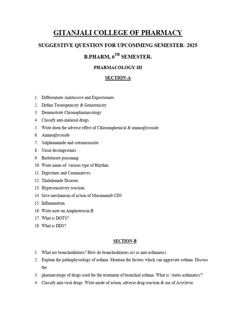 SUGGESTIVE QUESTIONS (pharmacology) | PDF | Asthma | Drugs