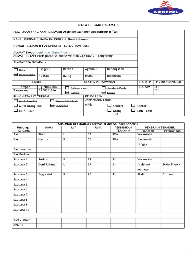 Deni Rahman - Form Data Pribadi Pelamar | PDF