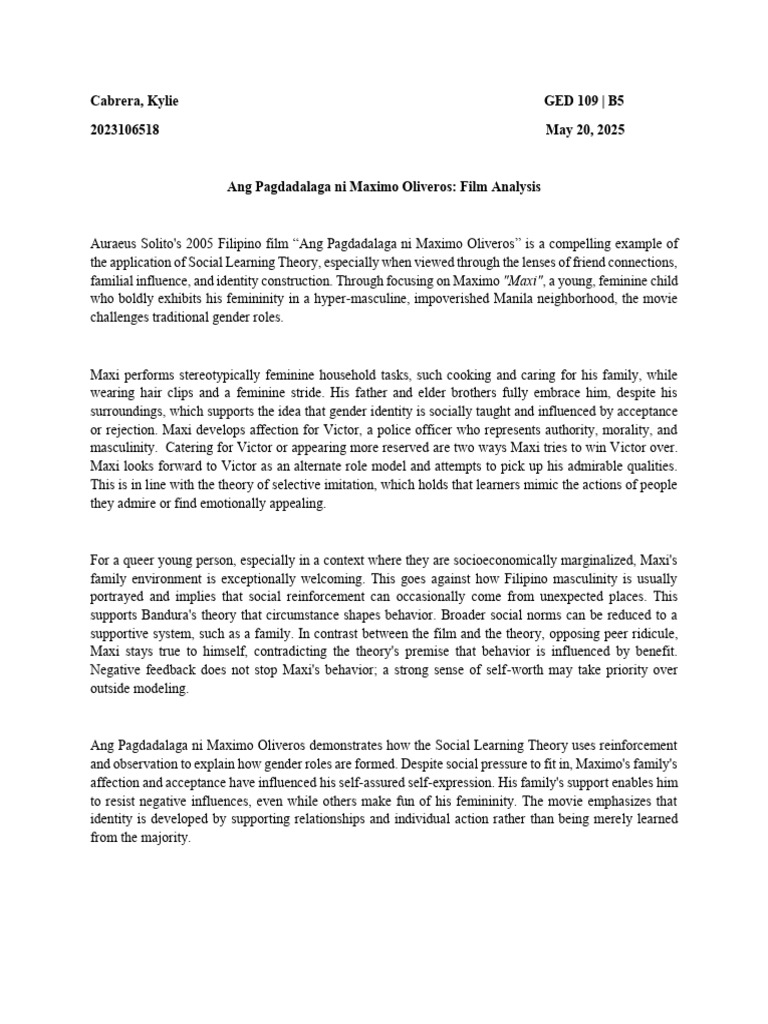 Film Analysis of Maximo Oliveros | PDF | Gender Role | Gender