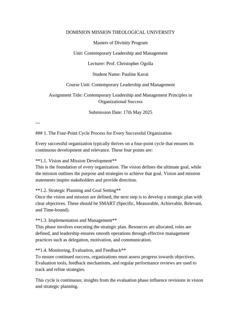 Contemporary Leadership Assignment Pauline Kavai | PDF | Strategic Planning | Goal