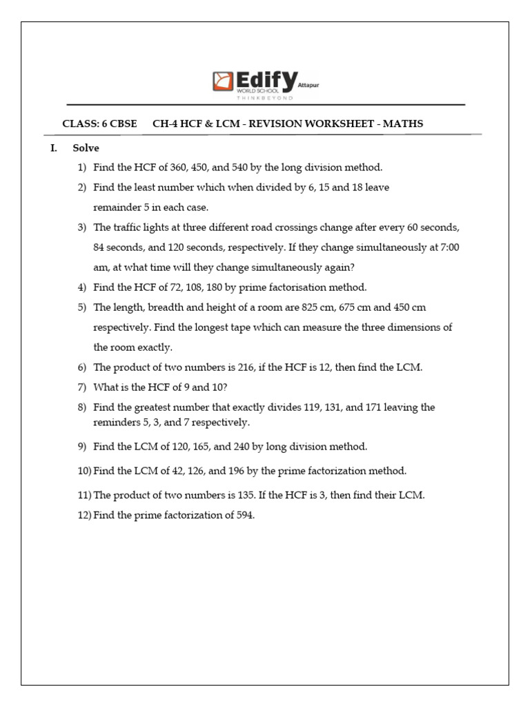 Class: 6 Cbse Ch-4 HCF & LCM - Revision Worksheet - Maths I. Solve | PDF