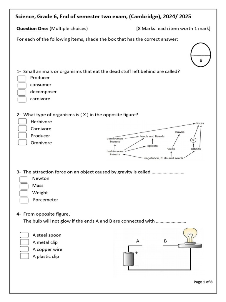 Final Exam Semester 2 Grade6 Edited 2024-2025 | PDF | Weight | Physical Sciences