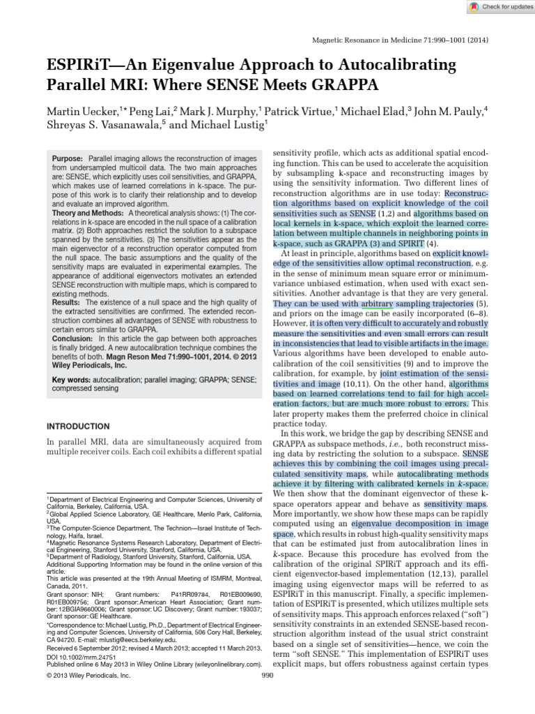 ESPIRiT-An Eigenvalue Approach To Autocalibrating Parallel MRI: Where SENSE Meets GRAPPA | PDF ...