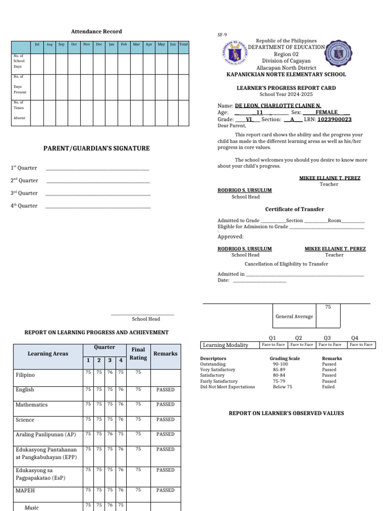 SF 9 - Elementary (Learner's Progress Report Card) | PDF