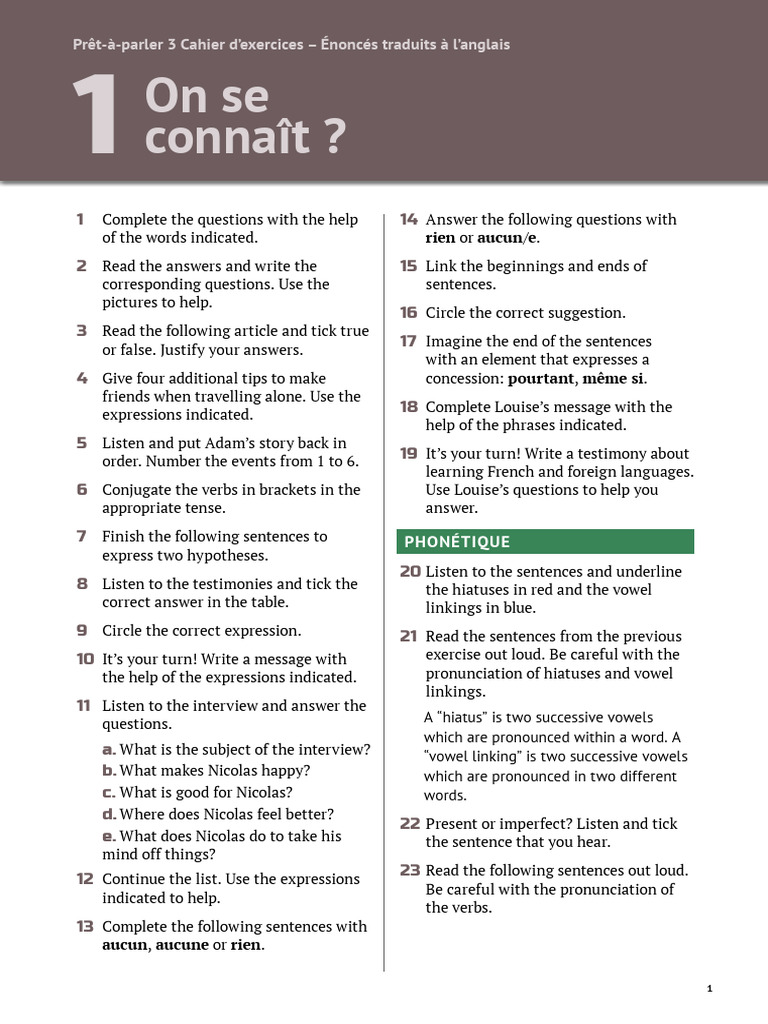 Prêt-À-Parler 3 Cahier D'exercices - Énoncés Traduits À L'anglais | PDF ...