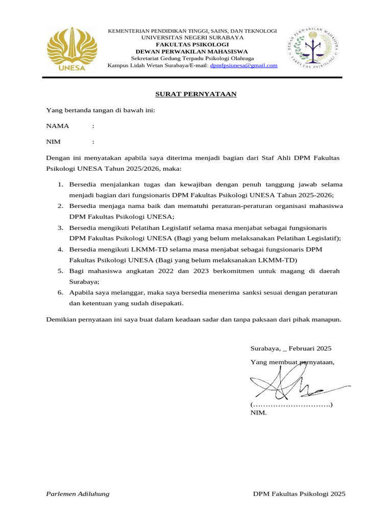 Surat Pernyataan Bersedia DPM FPsi - 2025 | PDF