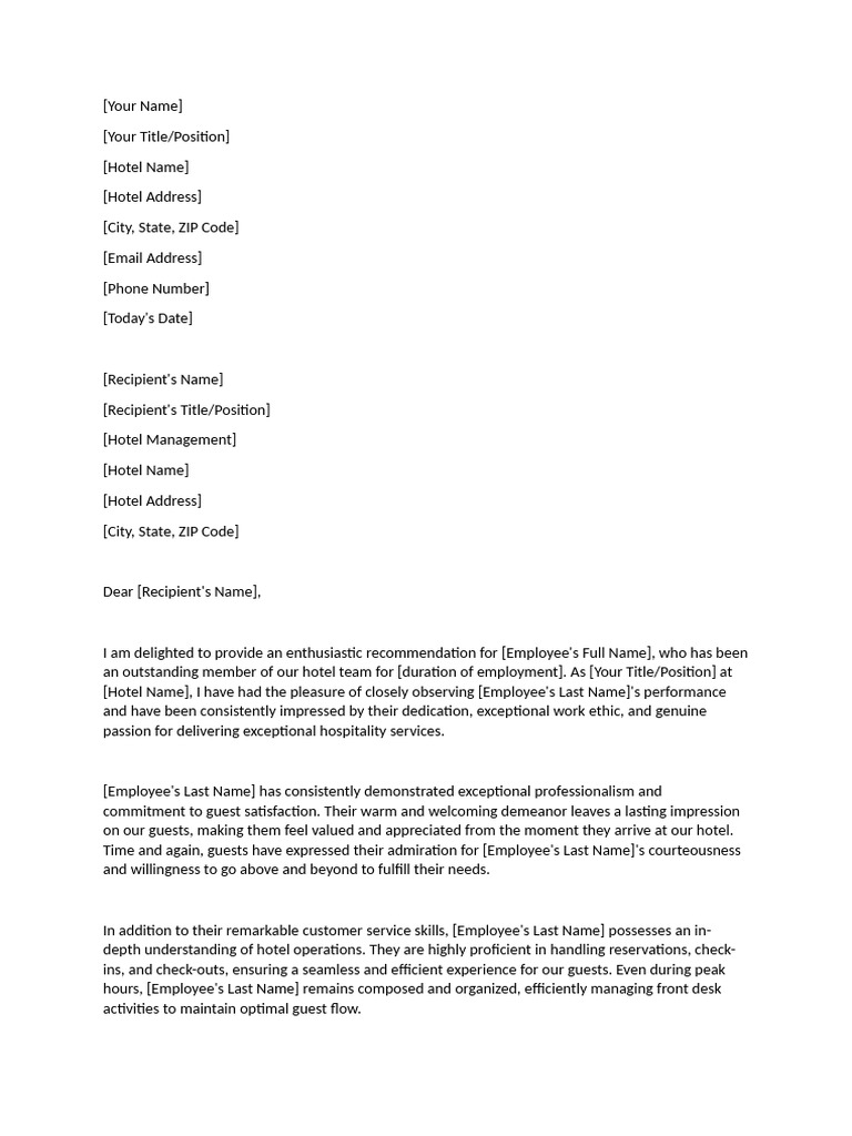 Recommendation Letter for Hotel Employee | PDF | Employment | Personal ...