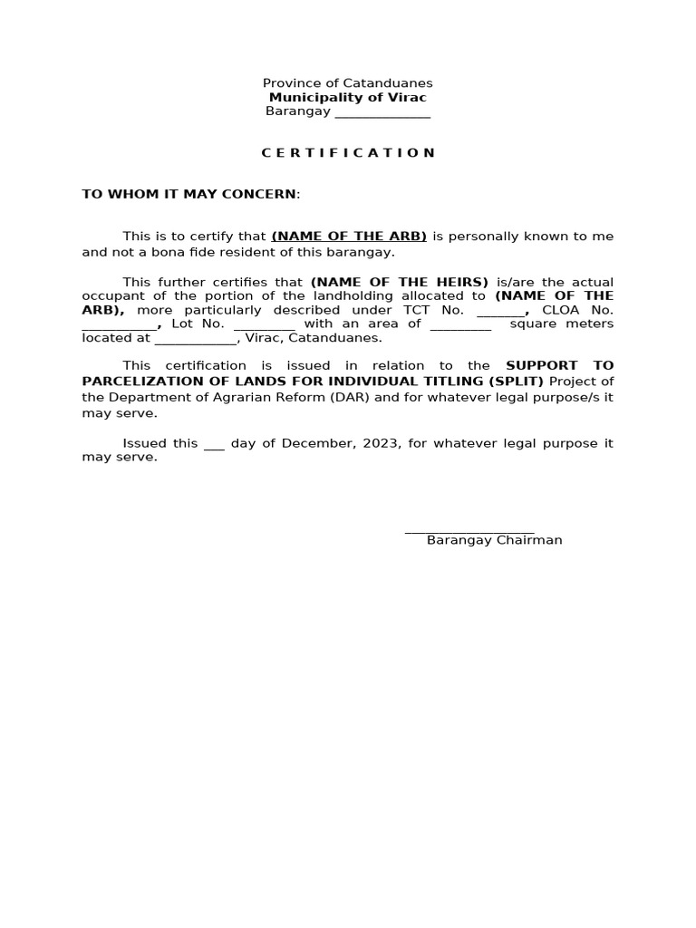 BRGY.-CERTIFICATION-EMPTY-FILE-Virac | PDF