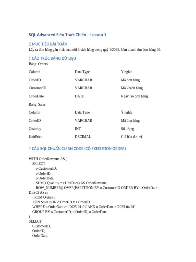 SQL Advanced Lesson 01 ROW NUMBER | PDF