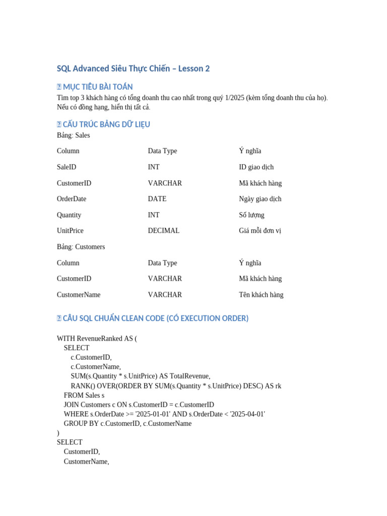 SQL Advanced Lesson 02 RANK Top Customers | PDF