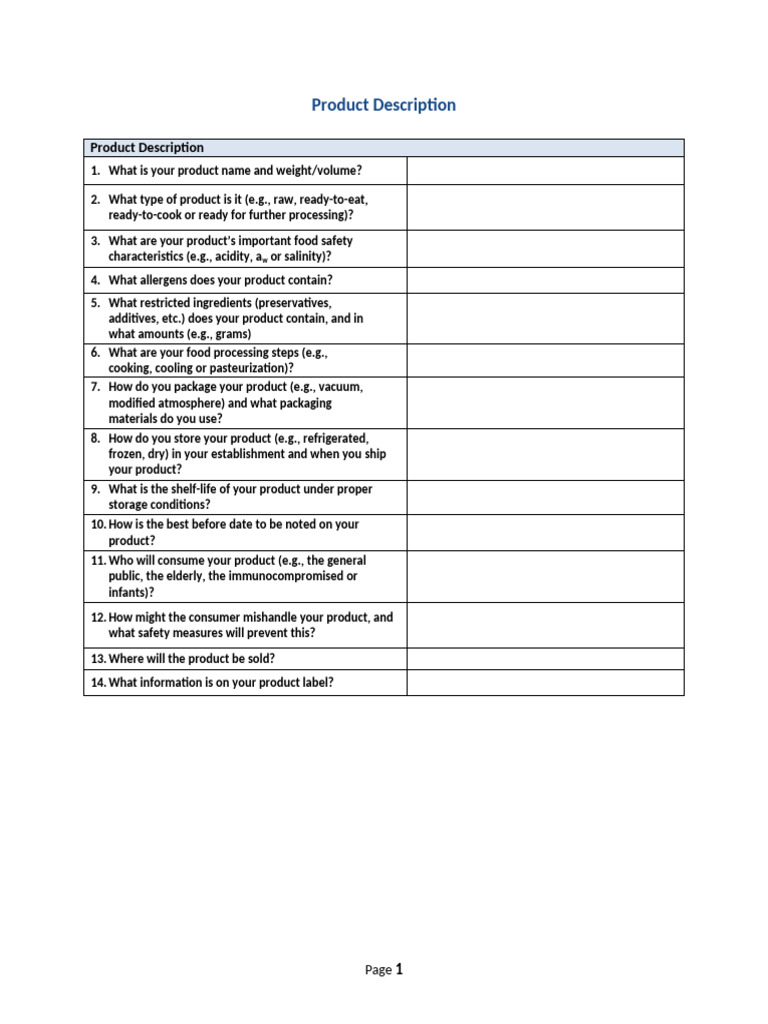 Food Safety Plan Template - September 2017 | PDF