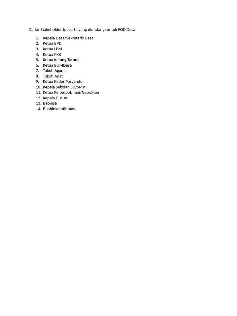Daftar Stakeholder FGD Desa | PDF