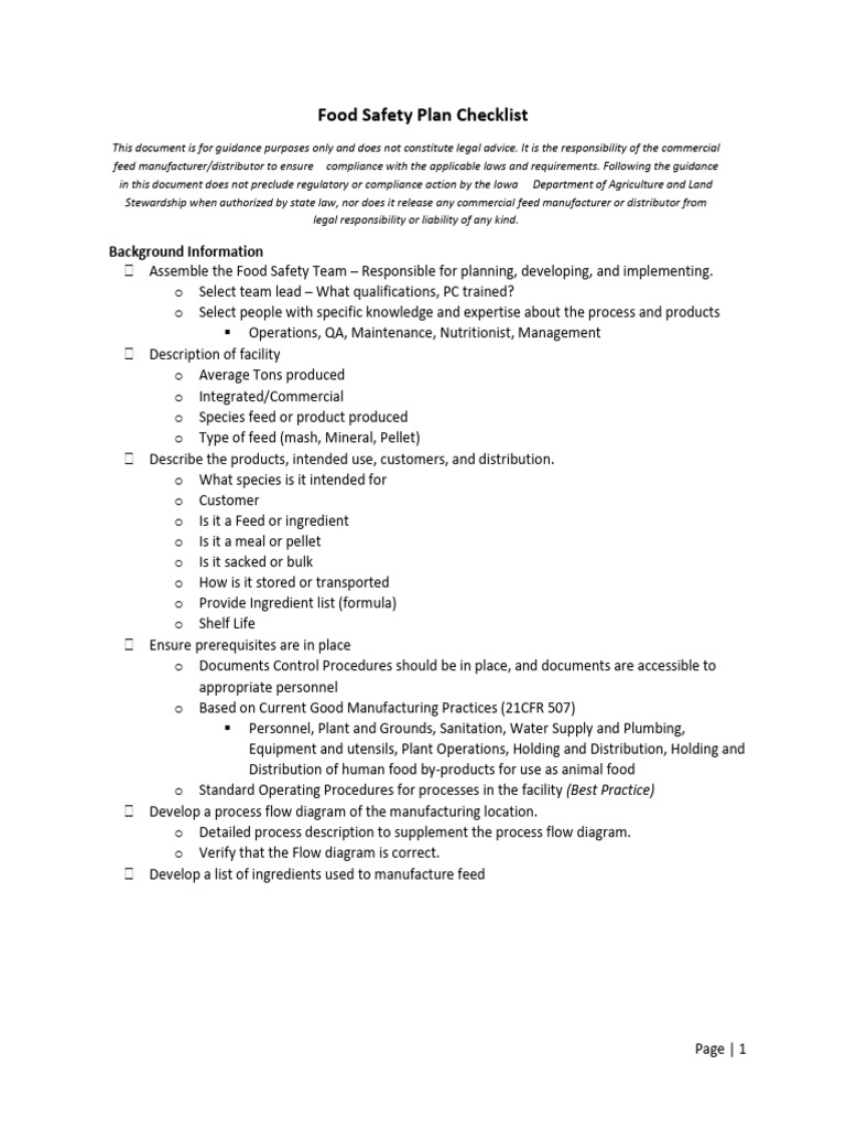Food Safety Plan Checklist Guide | PDF | Verification And Validation ...