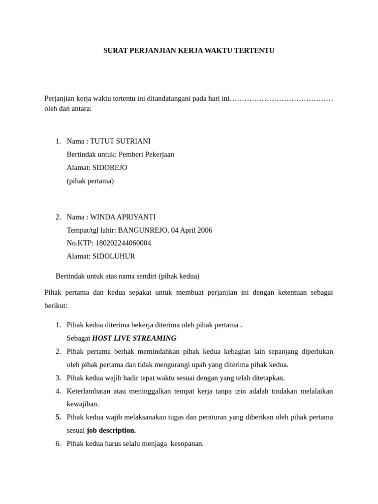 Surat Perjanjian Kerja Waktu Tertentu | PDF