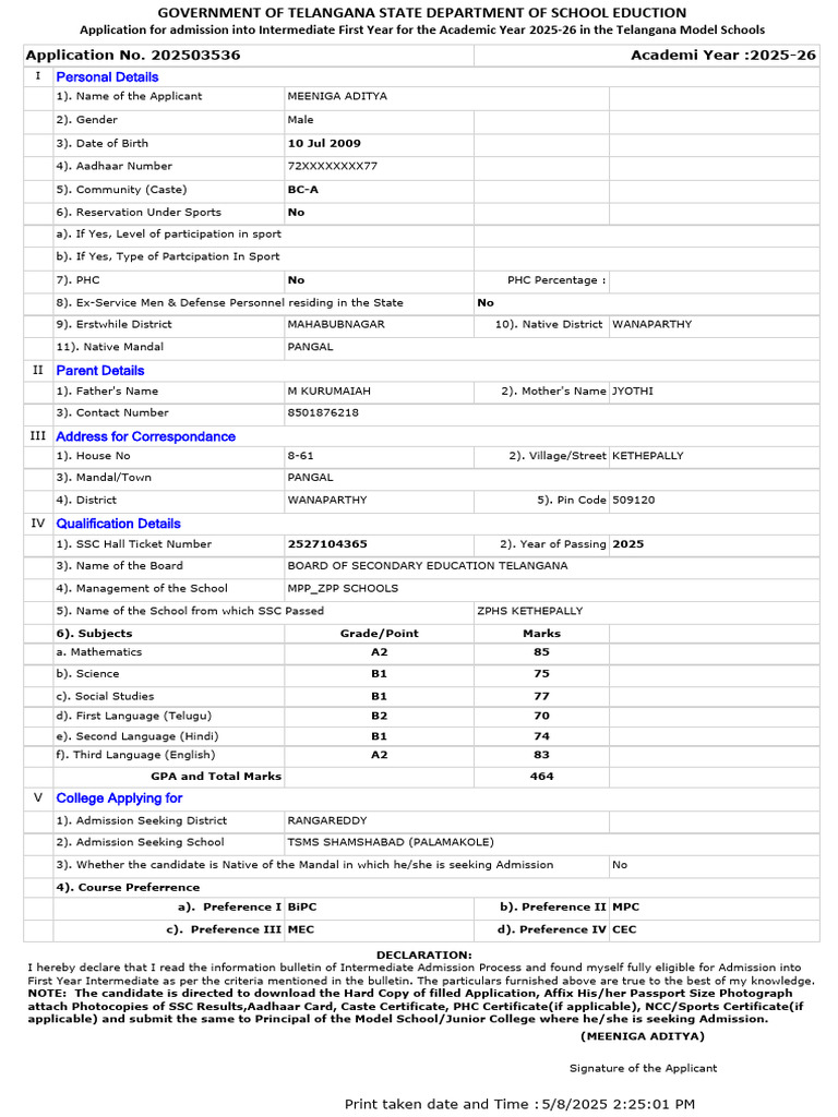 TSMS Inter Admissions 2025 Application | PDF | Educational Stages