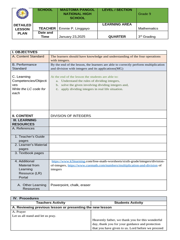 LESSON PLAN 1 GRADE 7 - Copy | PDF | Multiplication | Division (Mathematics)