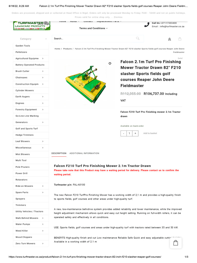 Falcon 2.1m Turf Pro Finishing Mower Tractor Drawn 82 F210 Slasher ...