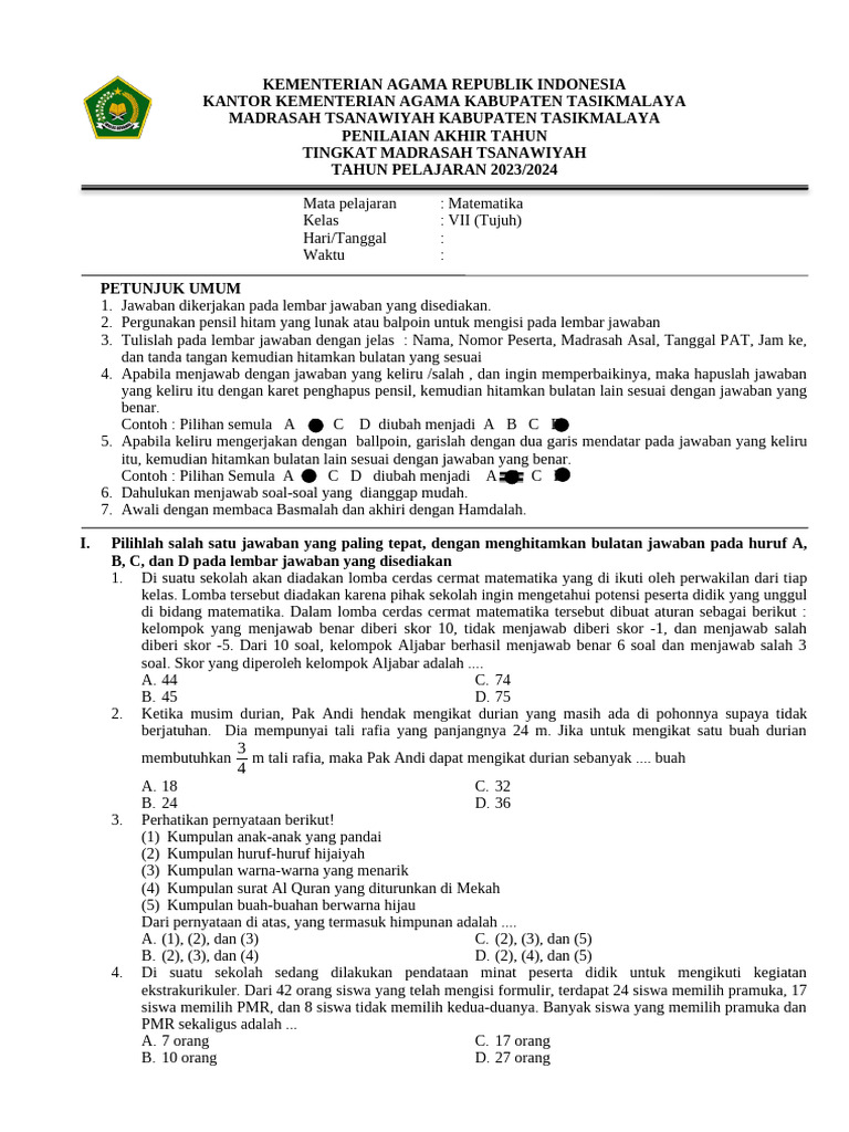 10 Soal Pat MTK Kelas 7 2023-2024 | PDF