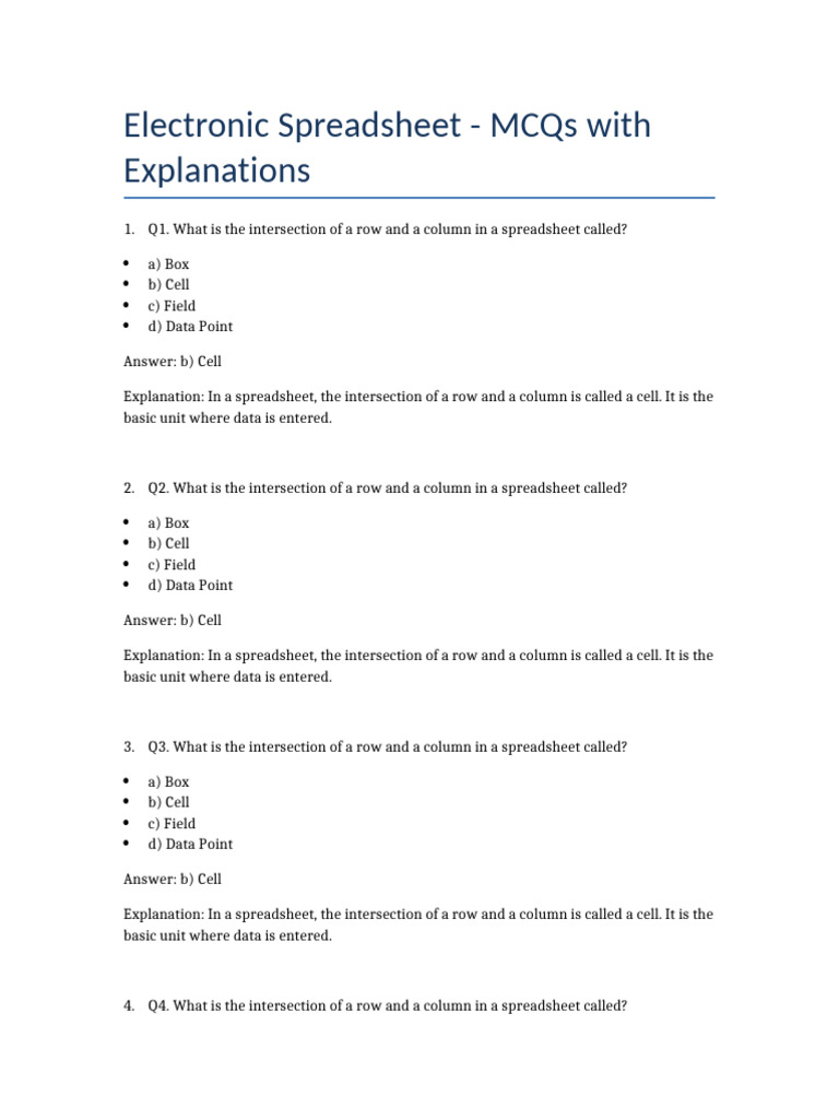Electronic Spreadsheet MCQ 200 | PDF | Spreadsheet | Science